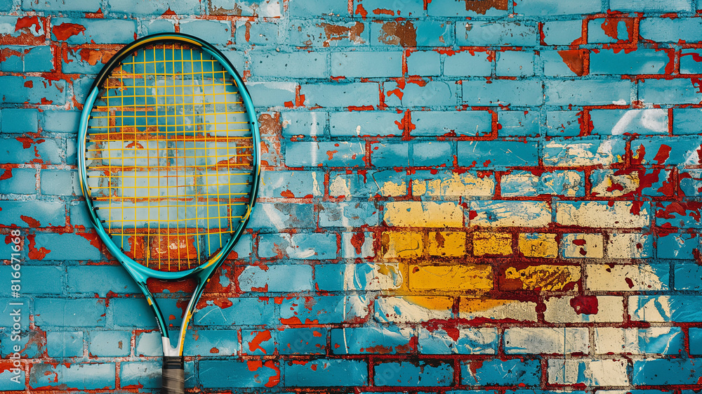 Pop art comic street graffiti with tennis racket on brick wall. Retro ...