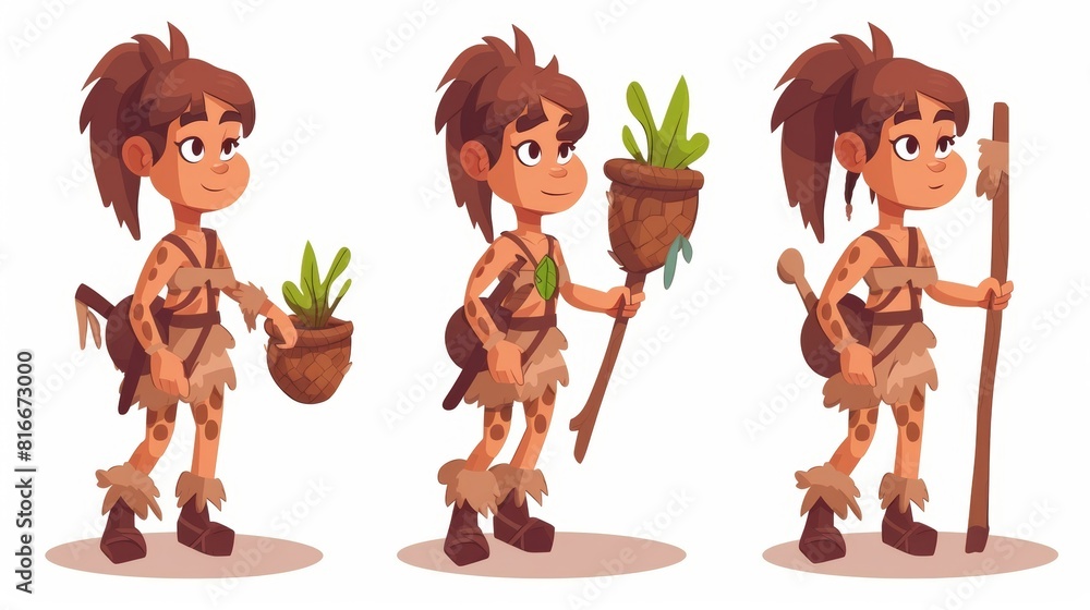 Modern cartoon illustration of an ancient caveman woman wearing animal ...