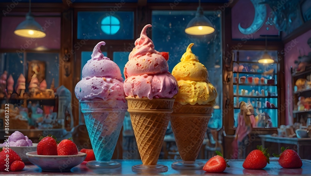 Fabulous beautiful ice cream in a fairytale shop, intense colours ...