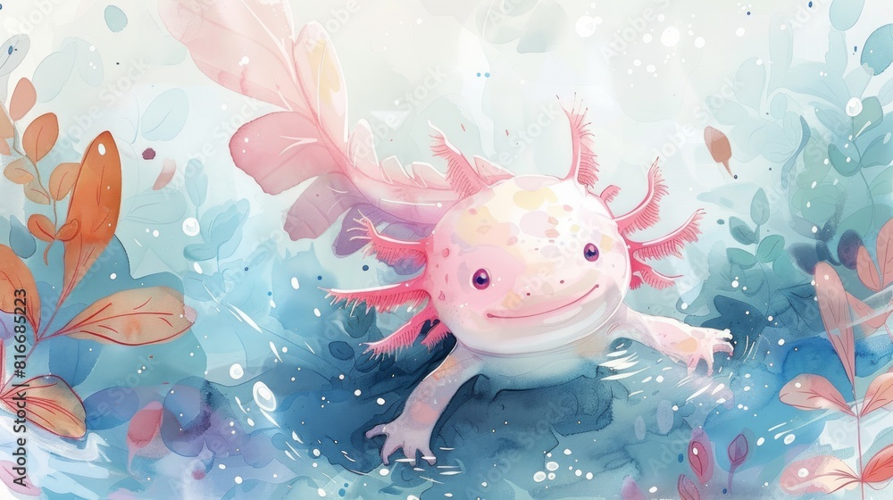 Watercolor illustration of a cute axolotl swimming in the sea. Stock ...