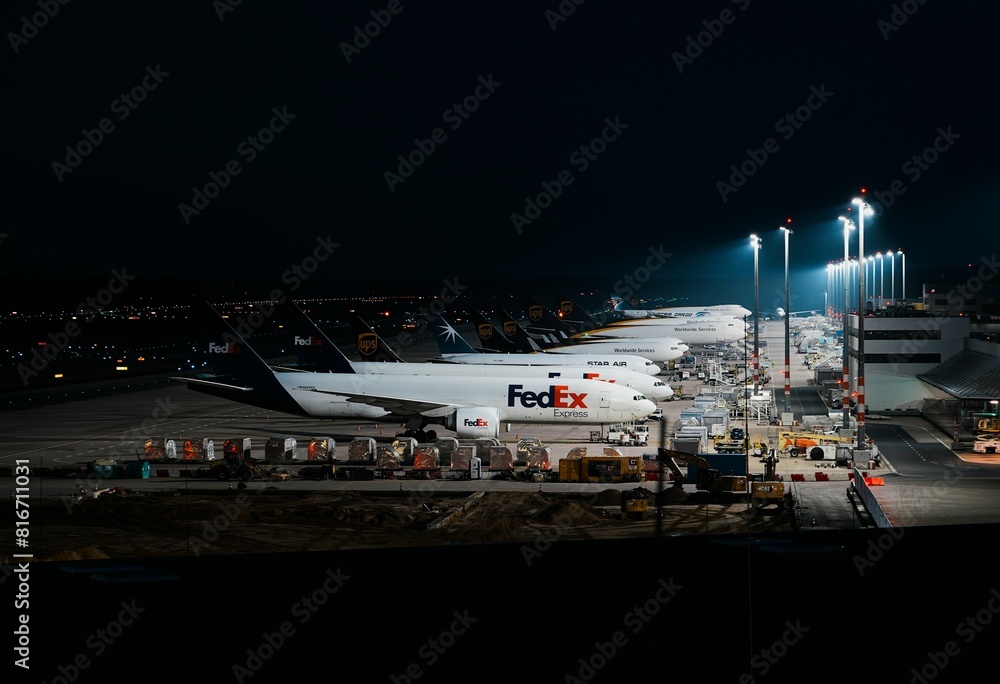 Row of commercial airliners parked at the Cologne airport Stock Photo ...