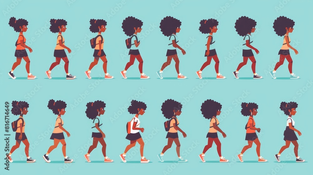 Animation of woman walking, sequence cycle for game. A frame with black ...