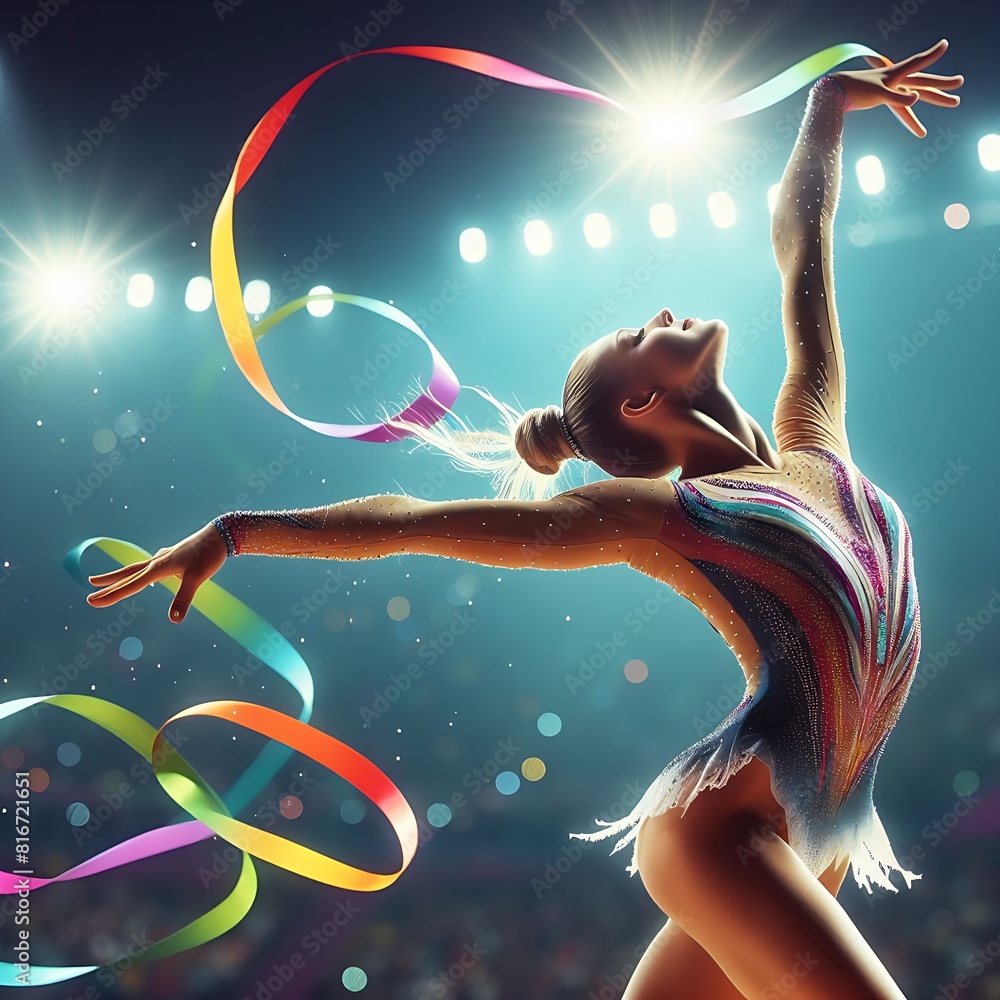 A girl athlete at an athletics competition. Ribbons fly around the ...