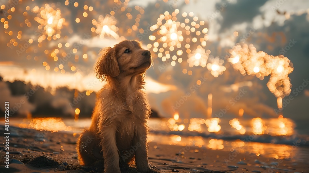 Dog watching fireworks new year's eve. Cute puppy sitting on beach ...