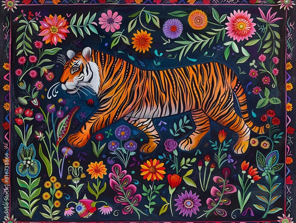 Madhubani tiger in Bharni style, surrounded by marigolds, elegant and ...