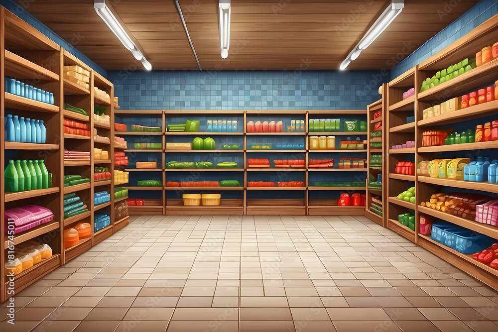 Grocery store, clothing shop, marker or supermarket long, wooden rack ...