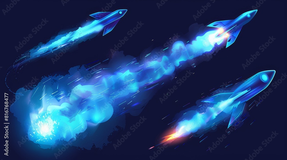 Smoke trail created by a blue fire jet launch. Rocket speed cloud ...