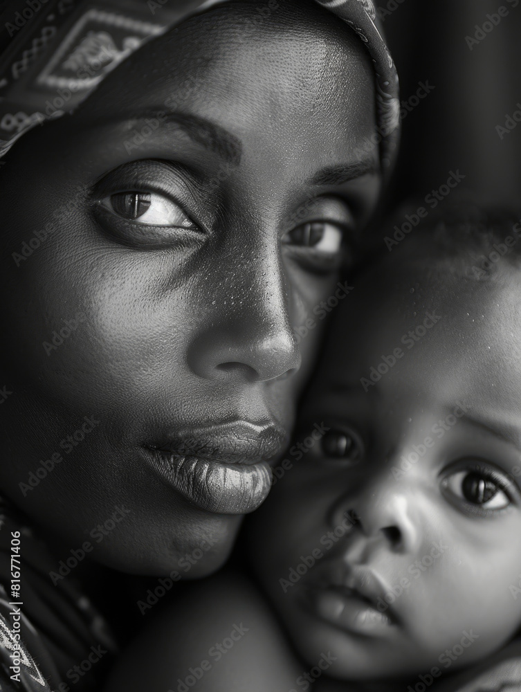 Black and White Portrait of African Mother with Baby, Showing Intense ...
