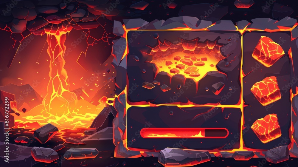Game frame with lava stones and volcanic buttons modern. Volcano ...