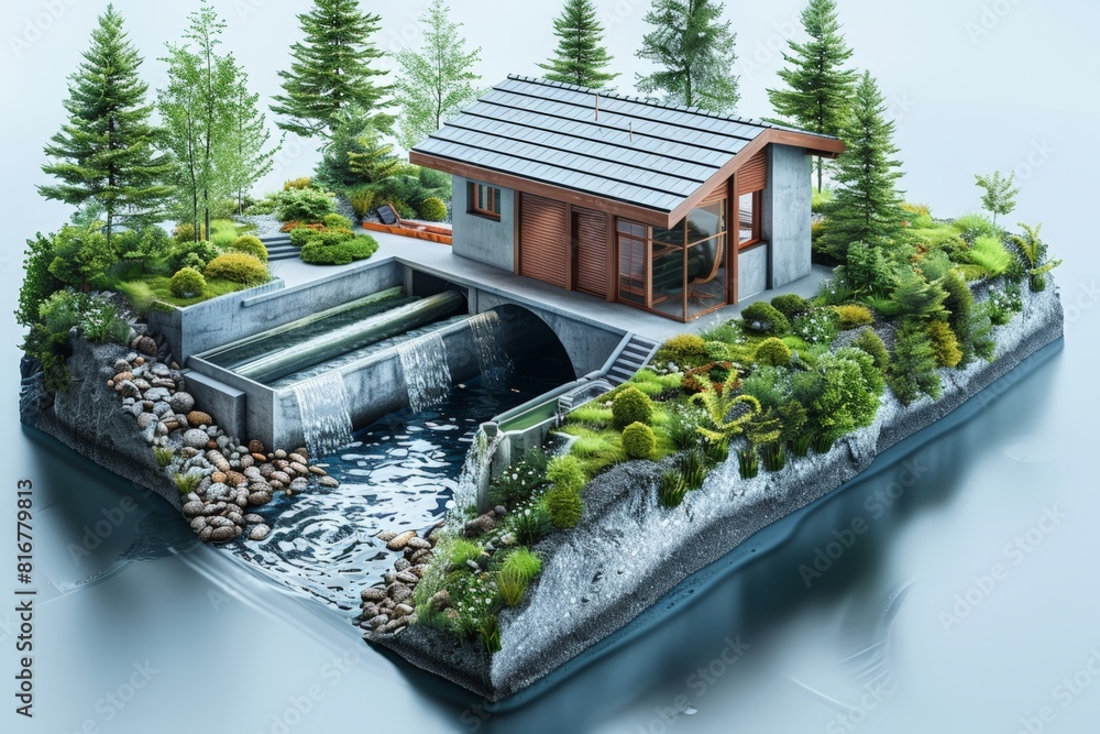 Detailed miniature model of eco-friendly hydropower plant on a small ...