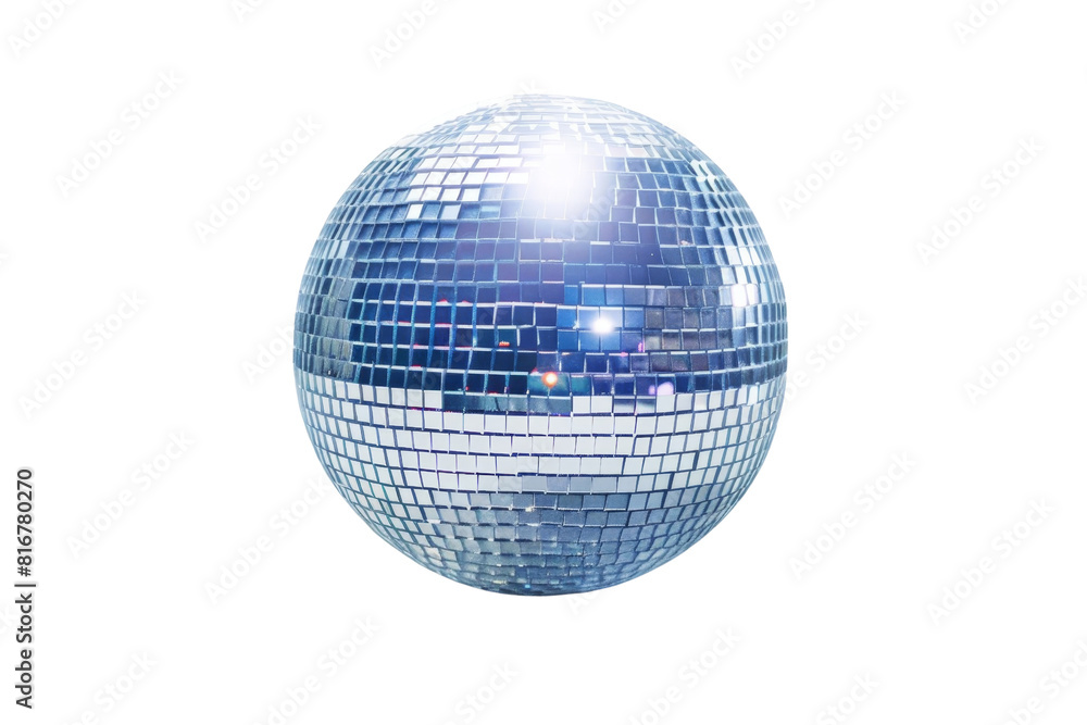 A shiny, reflective, blue disco ball sits on a transparent background ...