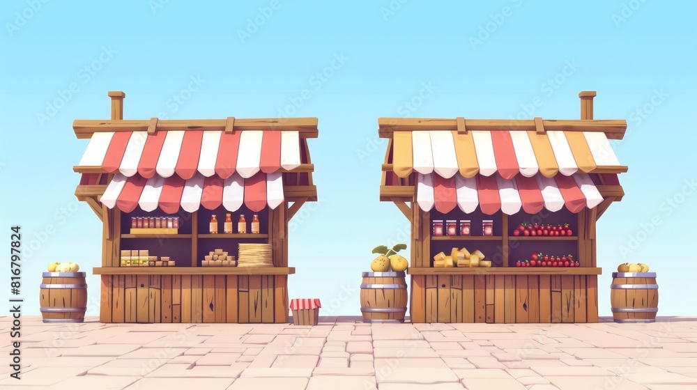 Farmers' market stalls and wooden fair booths and kiosks with striped ...