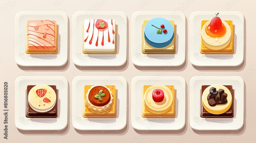 Petite pastry selection flat design top view diminutive desserts theme ...