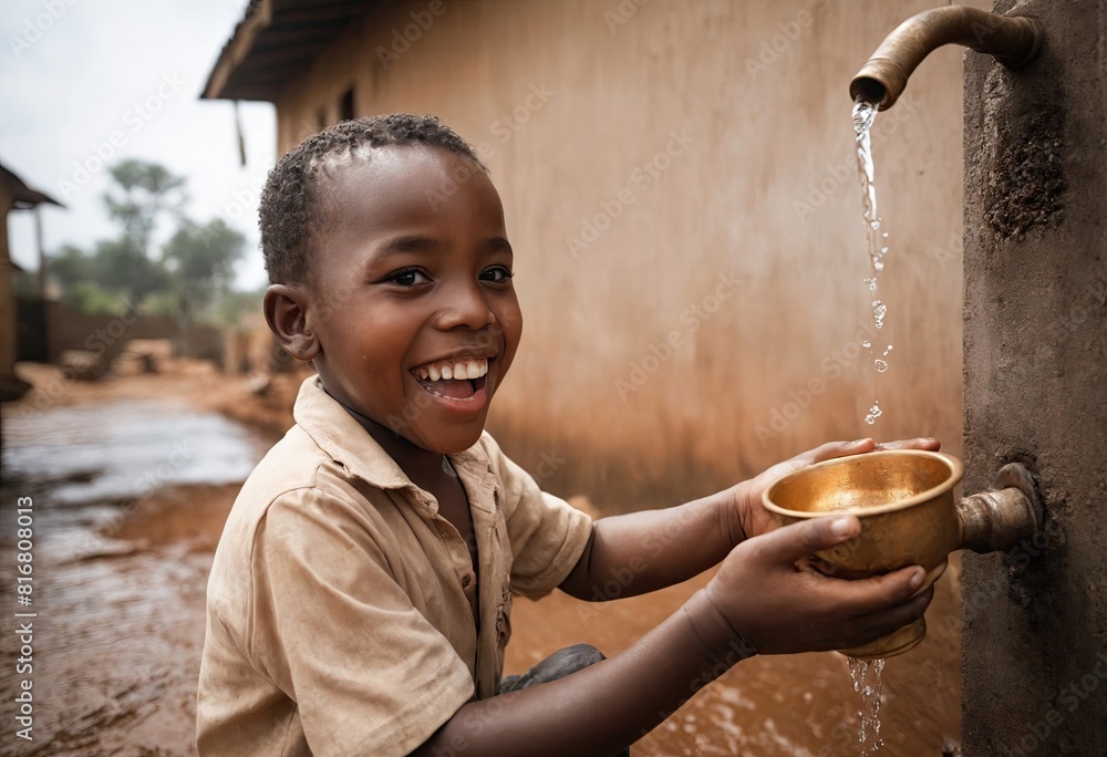 Portrait of happy African child pouring water into bowl from outdoor ...