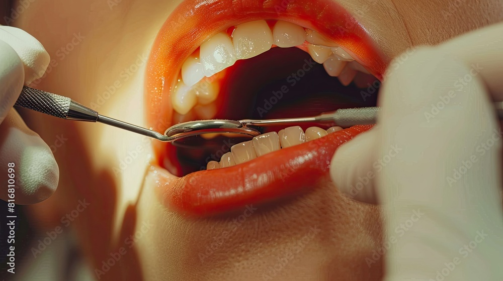 Dentist examining a patient's teeth with a dental mirror and probe in a ...