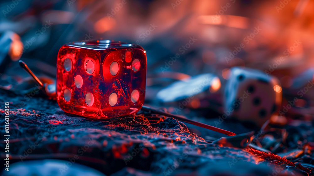 Red dice cast shadows under a bright neon haze against a dark, bokeh ...