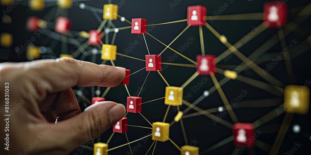 A hand is connecting red squares with white icon people to yellow ...