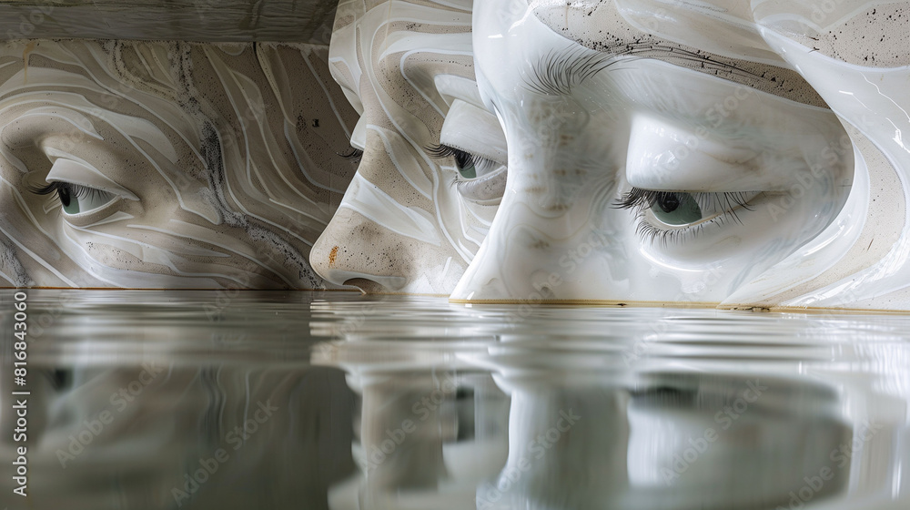 Surreal artwork of two large, detailed faces partially submerged in ...