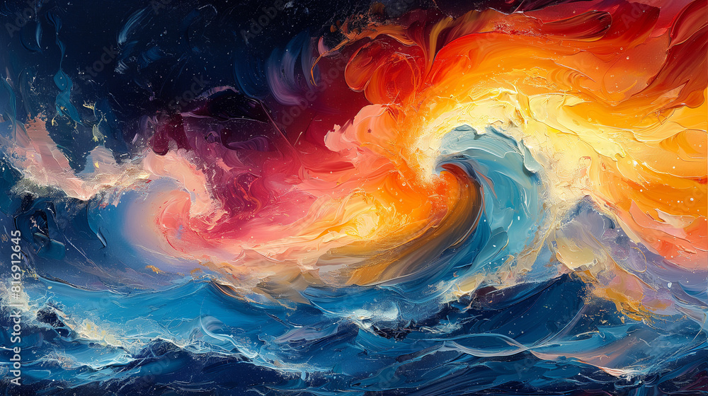 A visually rich composition featuring abstract ocean waves rendered in ...