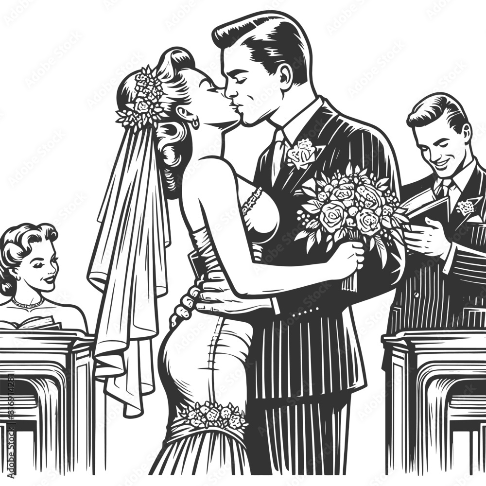 bride and groom couple kissing at their wedding ceremony, guests in ...