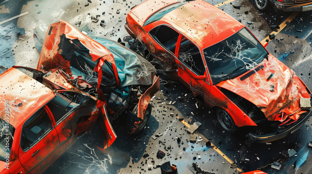 A dramatic scene of a severe car crash involving three wrecked red cars ...