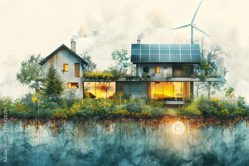 Eco-friendly house with solar panels, wind turbine, and lush garden ...