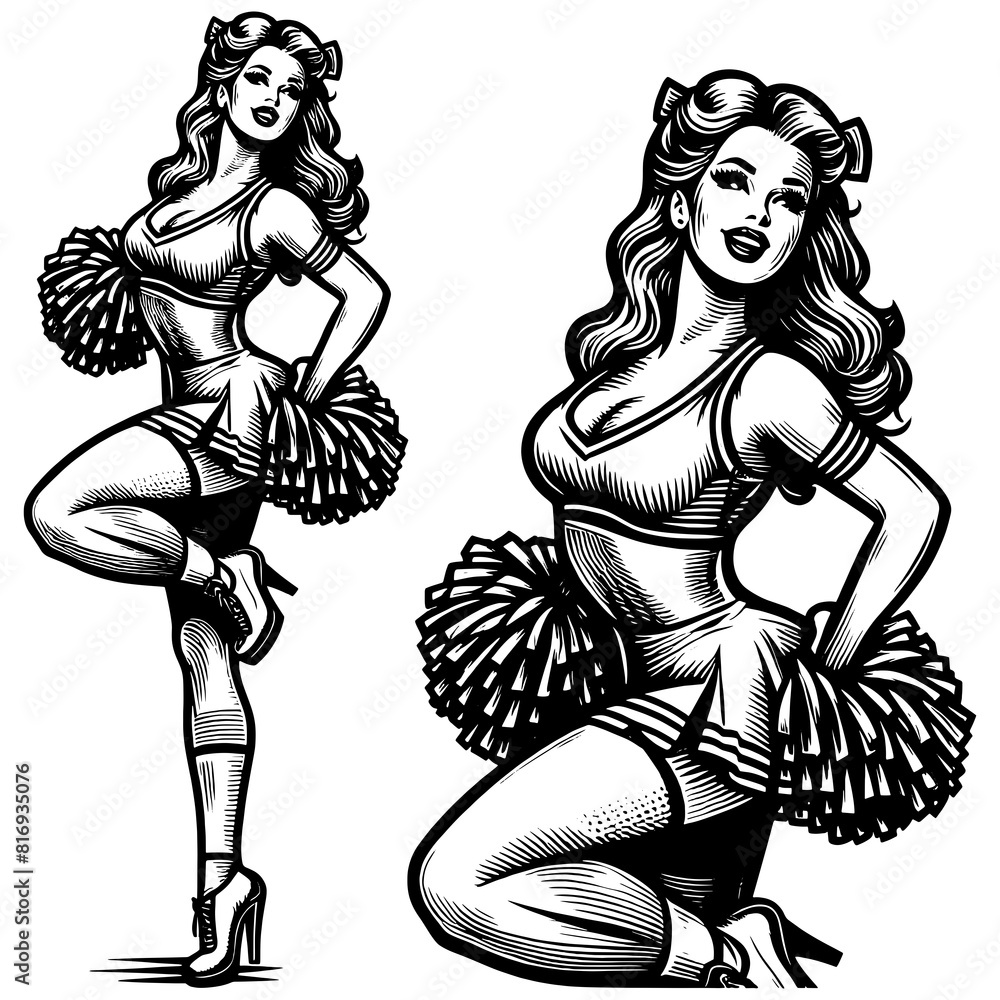 cheerleader in classic pin-up pose with pom-poms and a playful expression sketch engraving ...