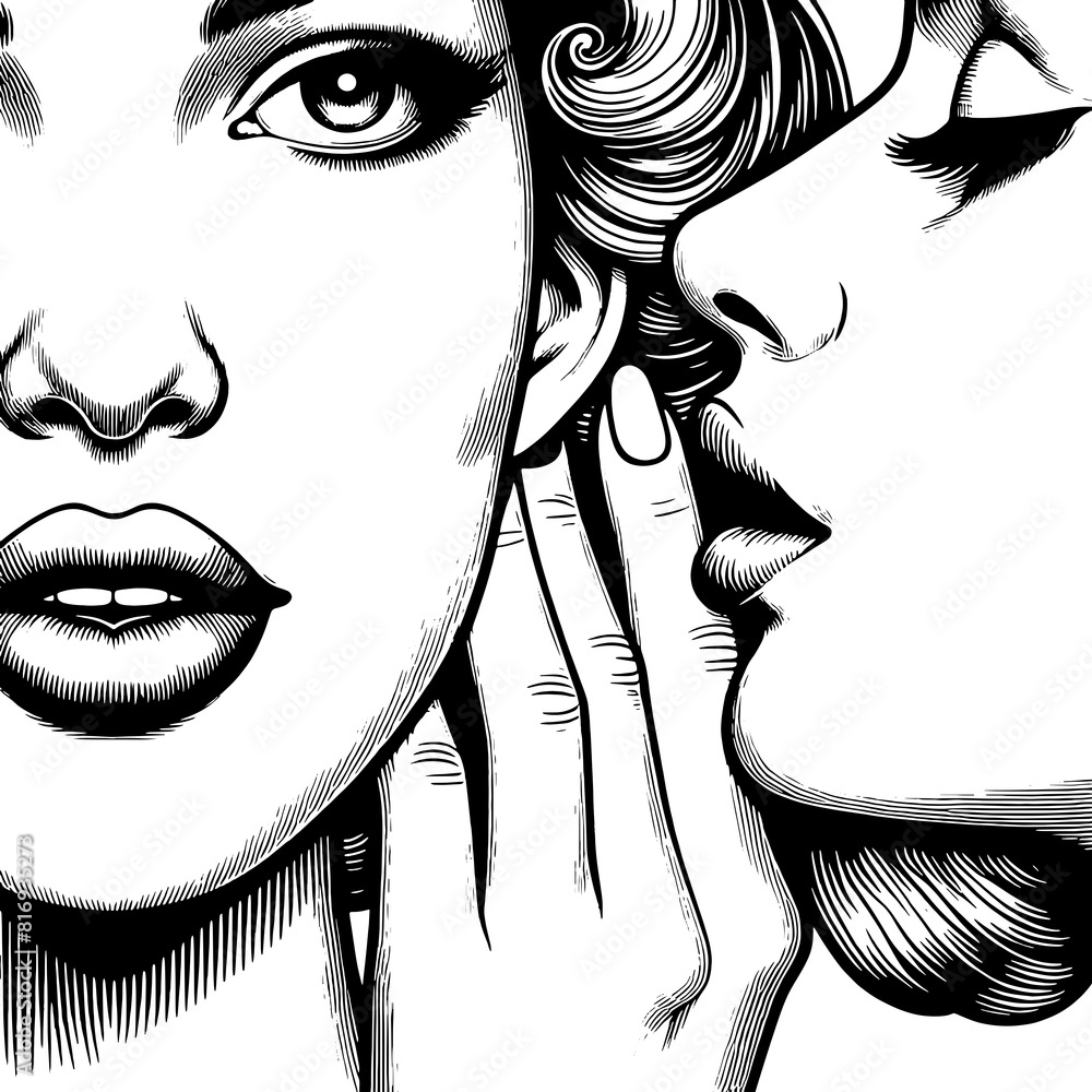 pin-up girls, one whispering a secret into the other ear, with ...