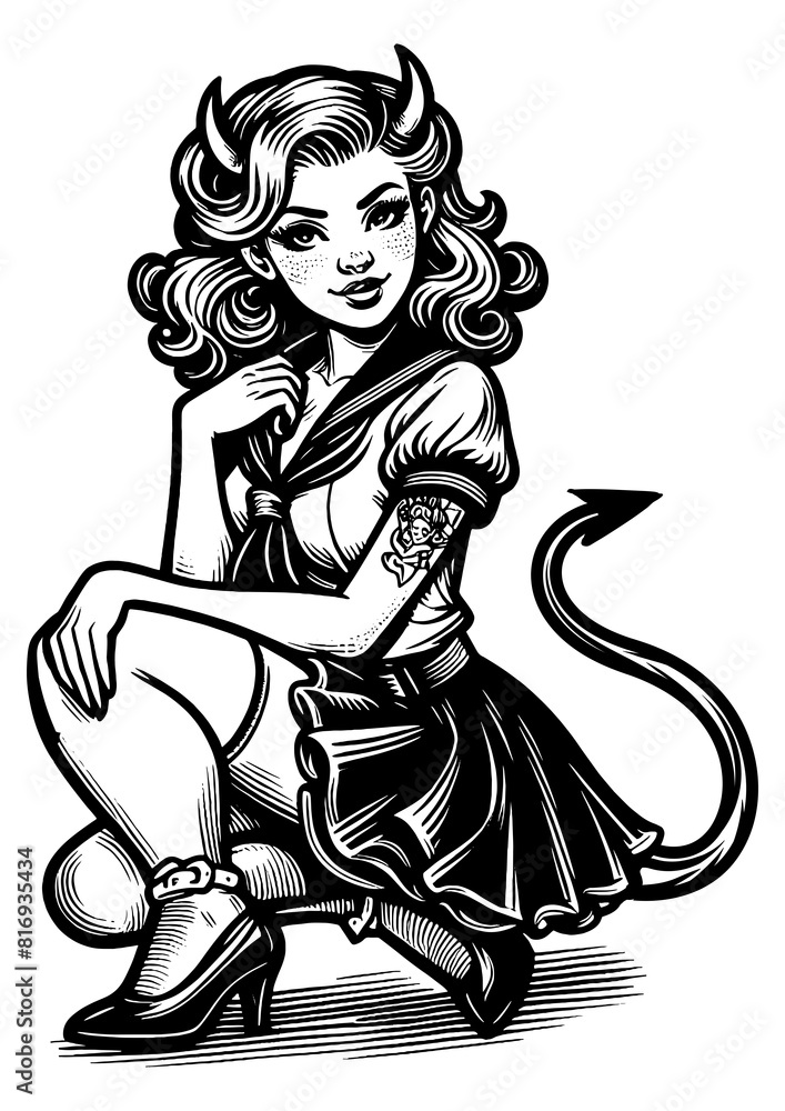 devil pin-up woman seated in a playful pose, featuring stylized horns ...
