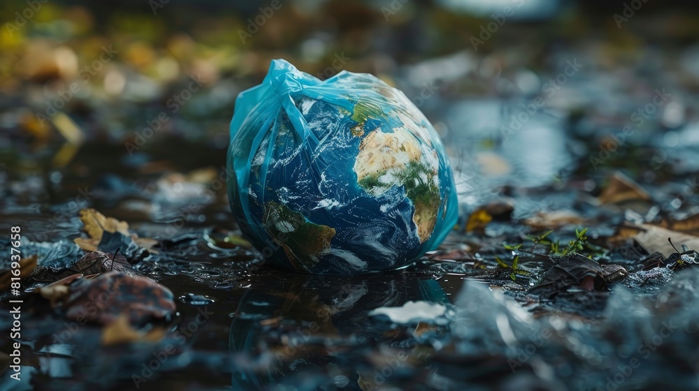 Vivid portrayal of Earth suffocated by a plastic bag, illustrating the ...