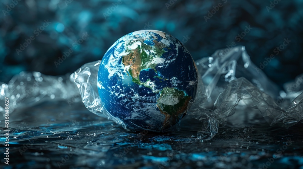 Planet Earth depicted in a suffocating plastic wrap, emphasizing the ...