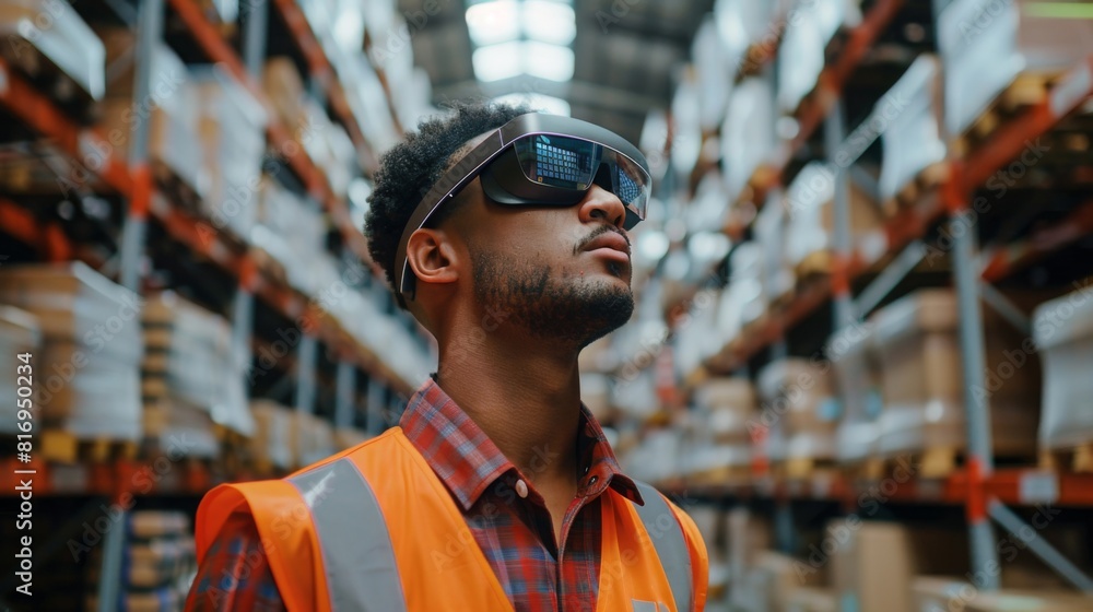 Depict warehouse workers wearing AR glasses that display digital ...