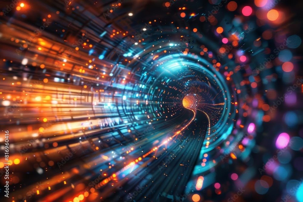 Hyperspace tunnel made of streaming data and broadband signals, visualized as a vibrant ...