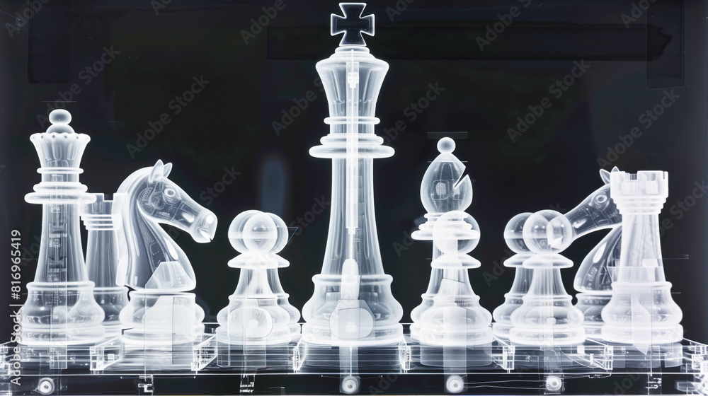 X-ray image revealing the internal structures of various chess pieces, including the king, queen ...