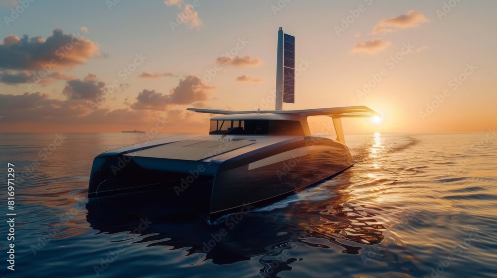Capture the sleek silhouette of an eco-friendly vessel powered by ...