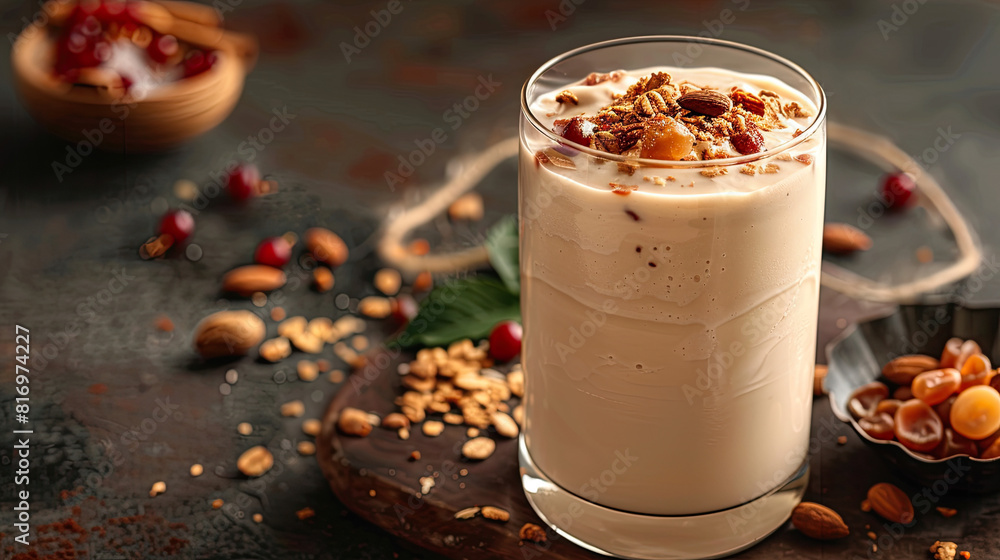 nuts milkshake smoothie in a glass with chunks of fruit , milk drink ...