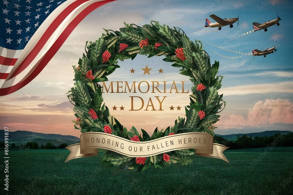 Memorial Day, Honoring our fallen heroes text on wreath, american flag on cloudy sky, banner ...