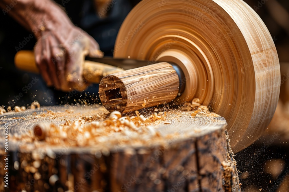 Fotografie Dynamic angle of woodworker at work, Concentrated artisan ...