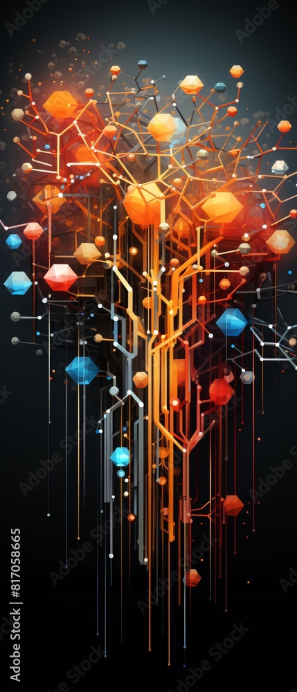 Artificial intelligence neural network in operation, front view ...