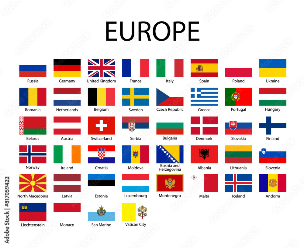 Flags of European countries. 44 countries with their capital city on the European continent ...