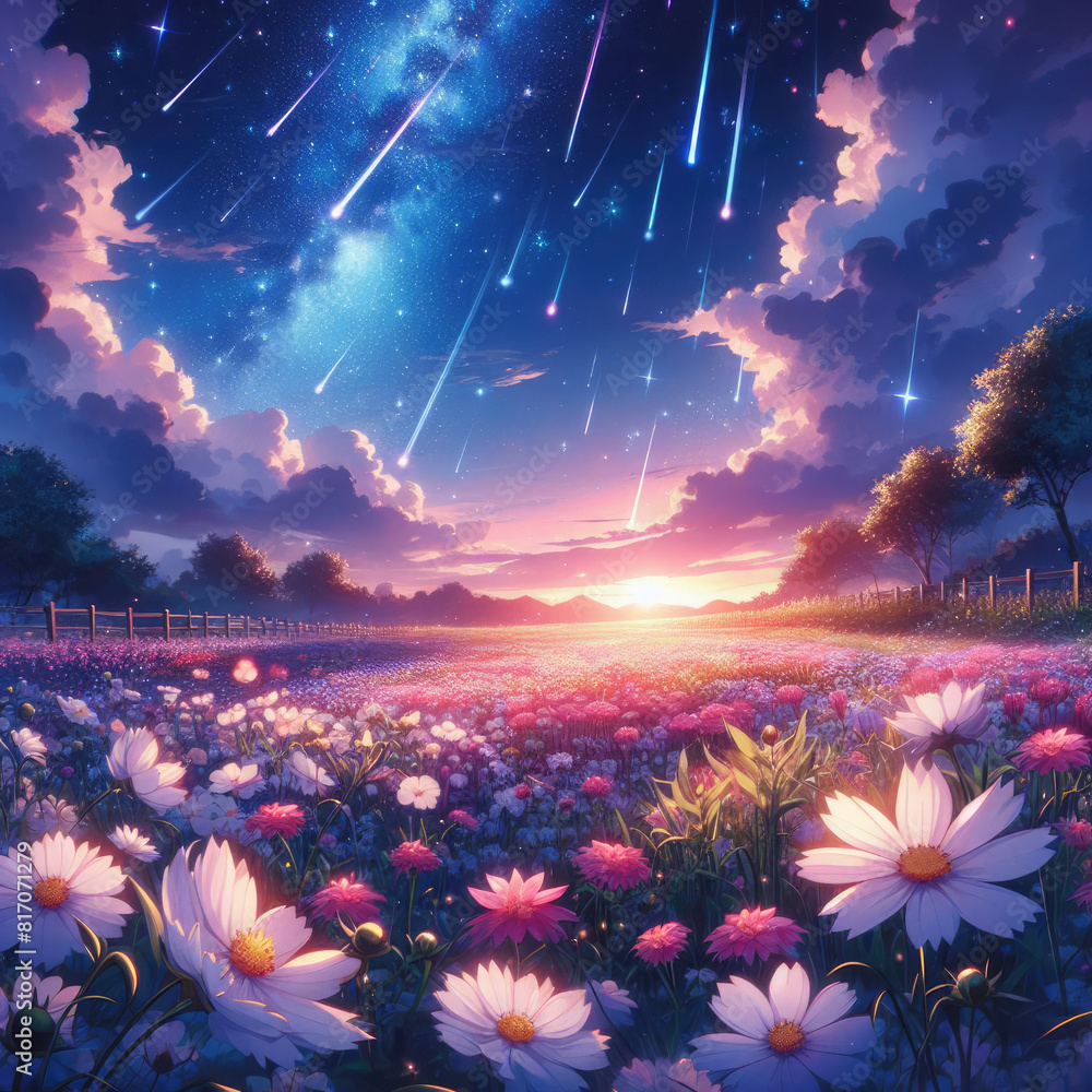 Ilustración de Stock Generative AI, the sight of a meteor shower on a ...