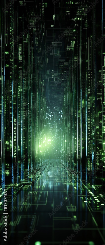 Matrix code on Labeled AI coding screen, side view, algorithm ...