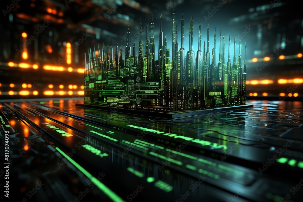 Labeled AI coding challenge on screen, front view, matrix code ...