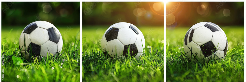 Collage with soccer balls are seen lying on green grass. The balls are ...
