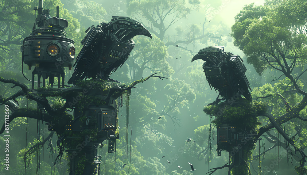 Illustrate a post-apocalyptic forest where robotic birds perch atop ...