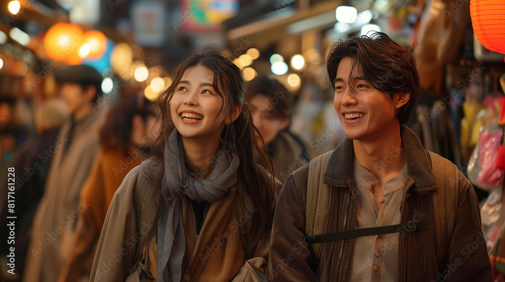 An artistic representation of friends laughing together in a bustling ...