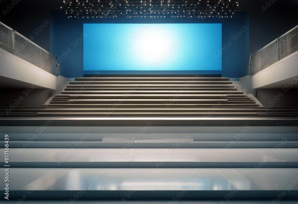 'seats rows blank backlit scene view empty blue 3D mock place ...