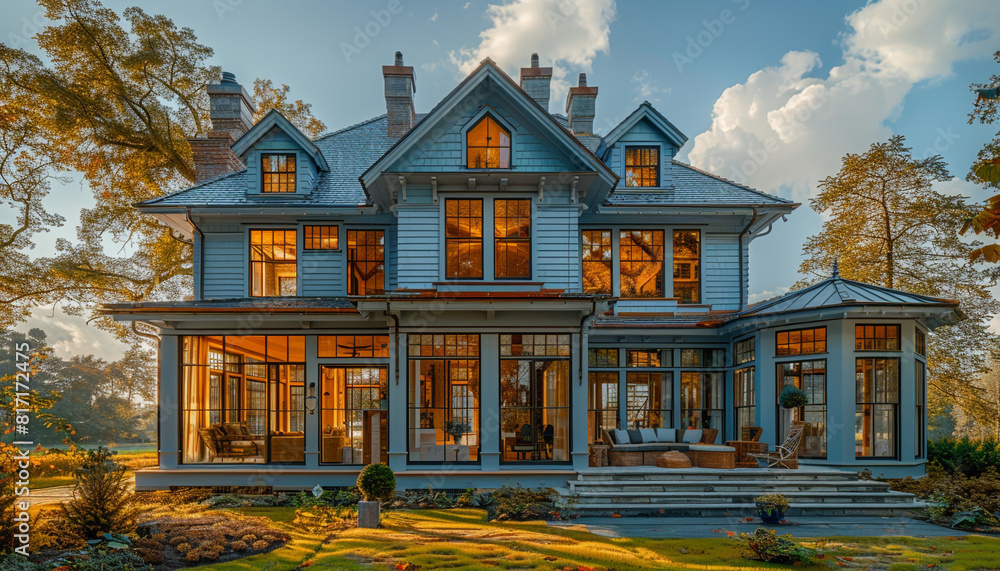 Luxury suburban house with a pastel blue exterior, featuring elegant ...