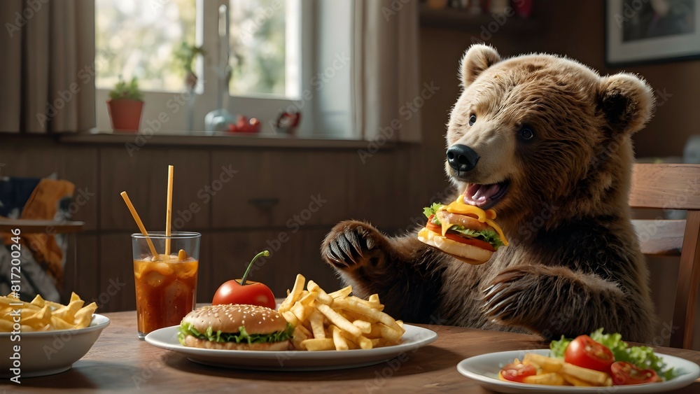 A cute baby bear eating a big burger at home. The expression has to be ...