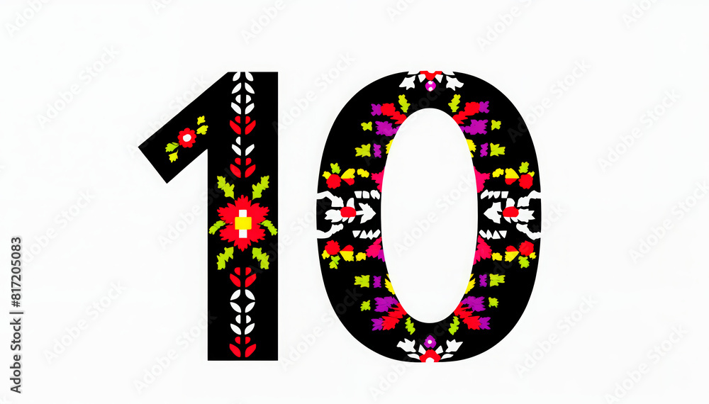 Number “10” with intricate floral patterns on a white background ...